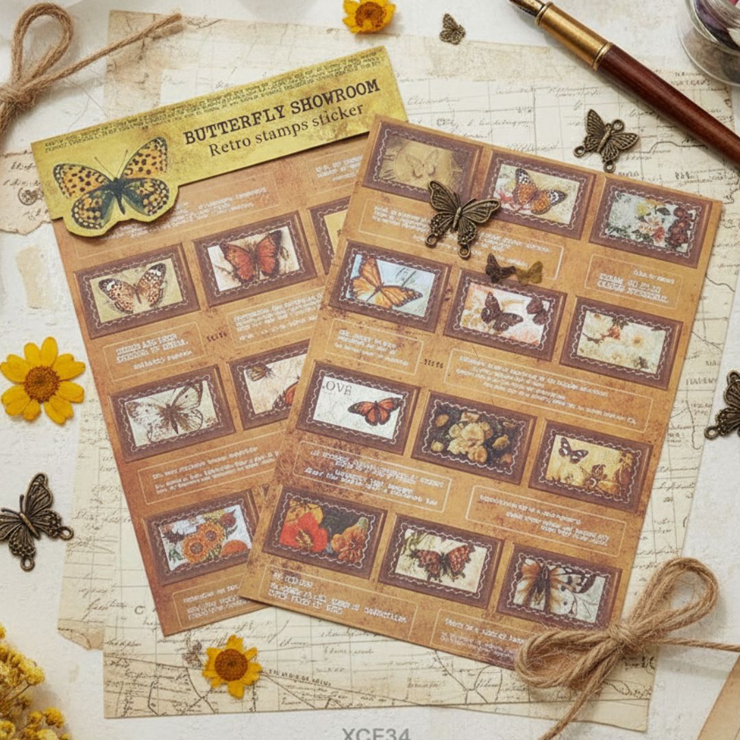 Butterfly Showroom Retro Stamp Sticker (2 Sheet) pack of 1 – Inkarto