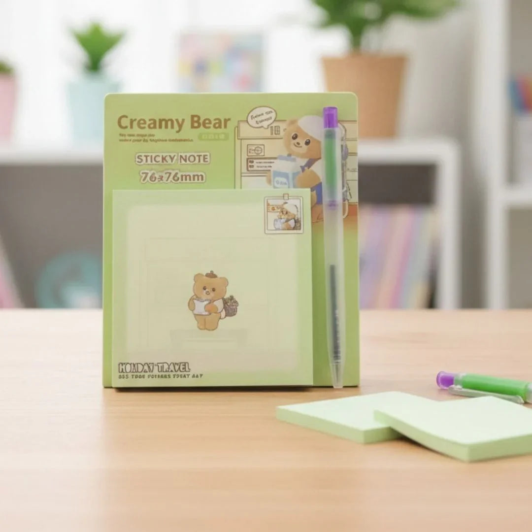 Cute Creamy Bear Sticky Notes with pen l 76x76mm l Pack of 1 contains ...